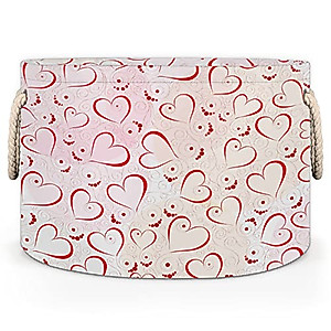 Red Valentines Day Love Heart (6) Large Round Baskets for Storage Laundry Baskets with Handles Blanket Storage Basket for Bathroom Shelves Bins for Organizing Nursery Hamper Girl Boy