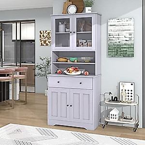 70.9" Freestanding Kitchen Pantry, Kitchen Cupboard Storage Cabinet with Glass Doors and Large Drawer Tall Pantry Cabinet Cupboard with Adjustable Shelves for Dining Room, Living Room, Antique White