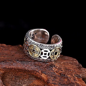 JUNTEN Feng Shui Coin Rings 925 Sterling Silver Lucky Wealth Money Ring Band for Men Women for Attracting Fortune Success