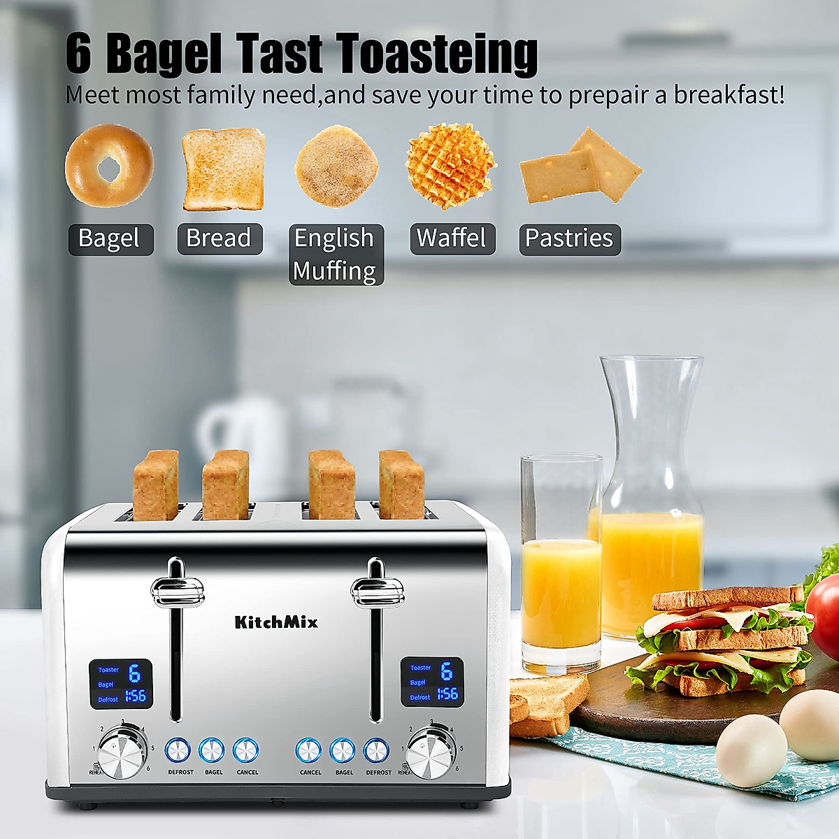 Toaster 4 Slice, KitchMix Bagel Stainless Toaster with LCD Timer, Extra Wide Slots, Dual Screen, Removal Crumb Tray (White)