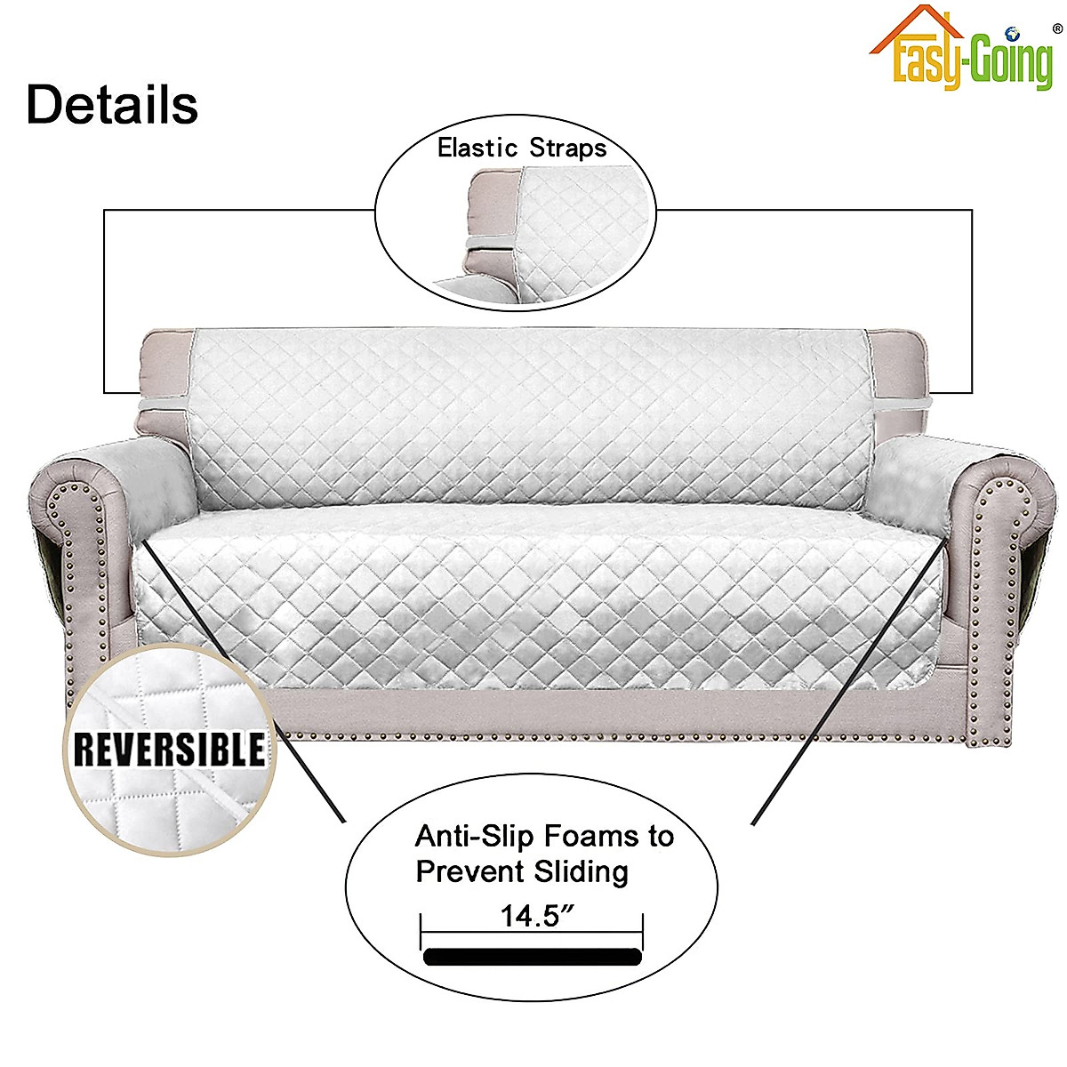 Easy-Going Reversible Oversized Couch Cover for 3 Cushion Couch Sofa Cover for Dogs Washable Water Resistant Furniture Protector Cover with Foam Sticks for Pet (Oversized Sofa, White/White)