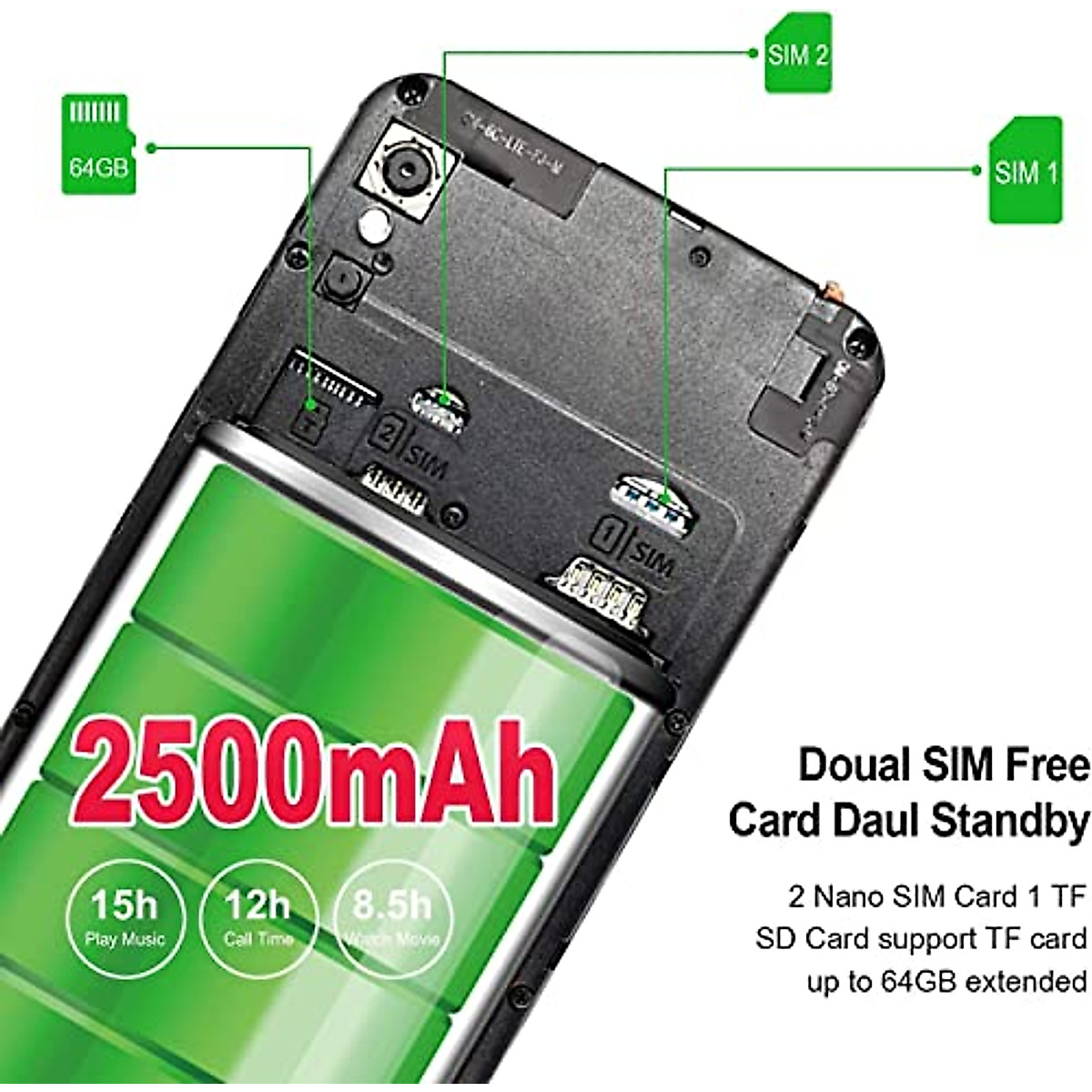 KXD 6A Unlocked Cell Phone | 3G Smartphone | 5.5” Full-Screen Display | 2500mAh Battery | 8MP + 5MP Camera | Dual SIM Android Phone | 8GB ROM | US Version | Black