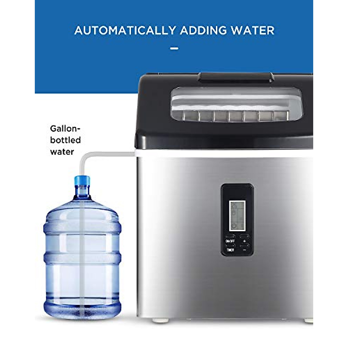 Ice Maker Machine with Automatic Enter Water for Countertop, 24 Square Ice Cubes Ready in 15 Mins, 40 lbs Per Day, Portable Stainless Steel Ice Maker with Ice Scoop and Basket…