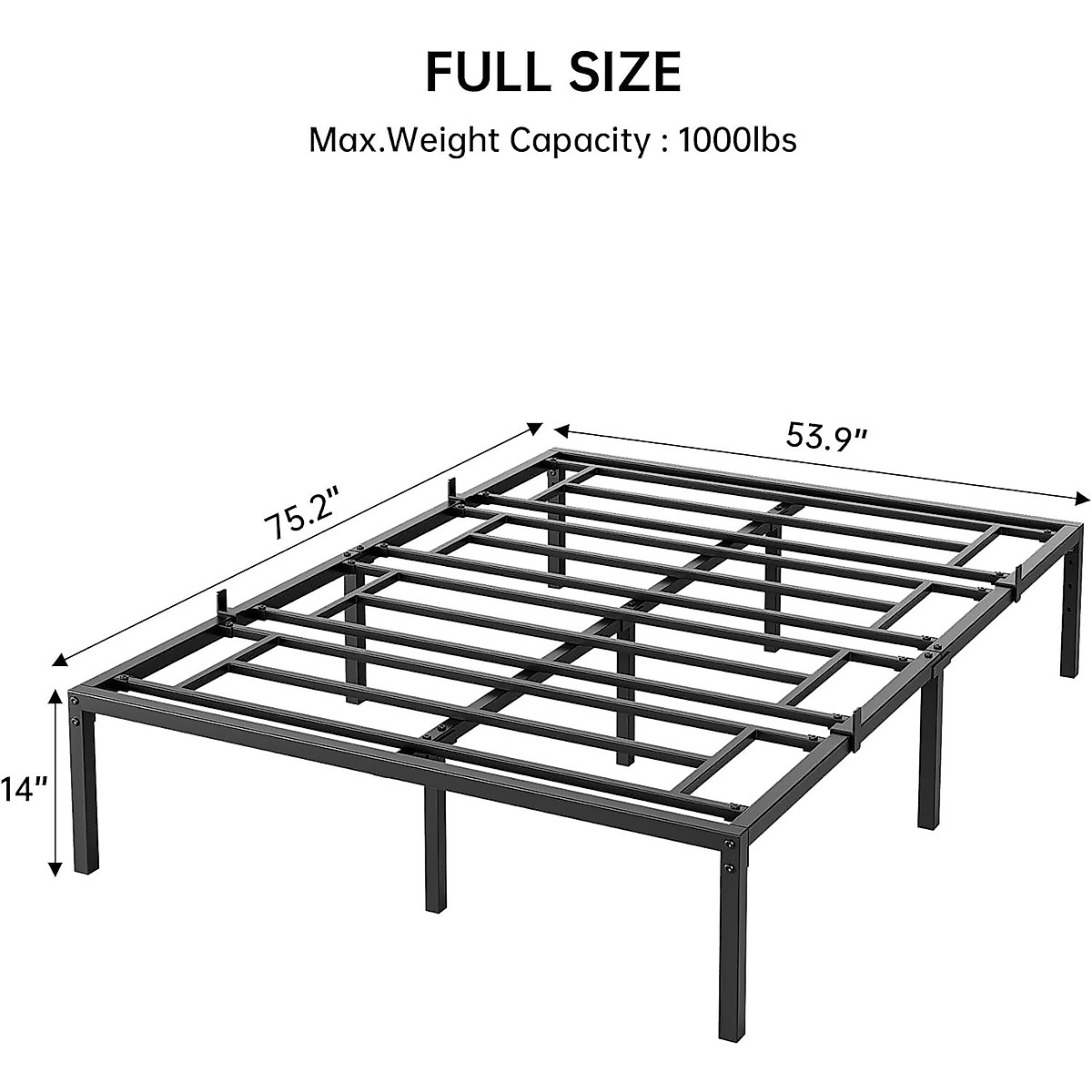 SUNNYFURN Full Size Metal Bed Frame, 14 Inch Heavy Duty Full Bed Frame with Storage Space Under Bed, Mattress Foundation and No Box Spring Needed, Noise Free, Black, Full Size