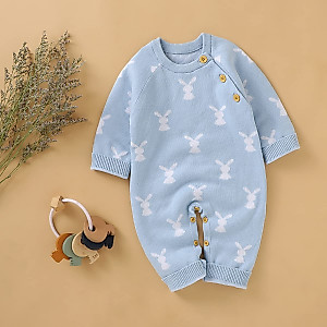 DuAnyozu Baby Girl Boy Easter Outfit Bunny Onesie Knitted Sweater Romper Long Sleeve Jumpsuit Cute Rabbit Clothes (A Bunny Onesie-Blue,3-6 Months)