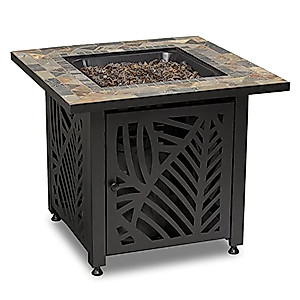 Endless Summer 30 Inch Square 50,000 BTU LP Gas Outdoor Fire Pit Table with Slate Tile Mantel, Cut Out Design, Fire Glass, and Cover, Brown Multi