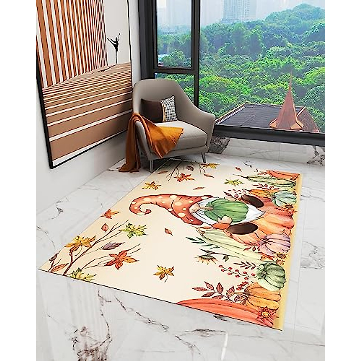 Indoor Area Rug, Fall Thanksgiving Non Slip Carpet Pad Bathroom Mat, Orange Ombre Gnomes Pumpkin Maple Leaf Kitchen Runner Area Rug for Bedroom/Living Room/Kids Room 5'x7'