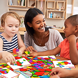 3 Bees & Me Wooden Pattern Blocks - Fun Montessori Learning Toys for Ages 3 to 9 - Tangram Shapes Puzzle Set with 155 Pieces