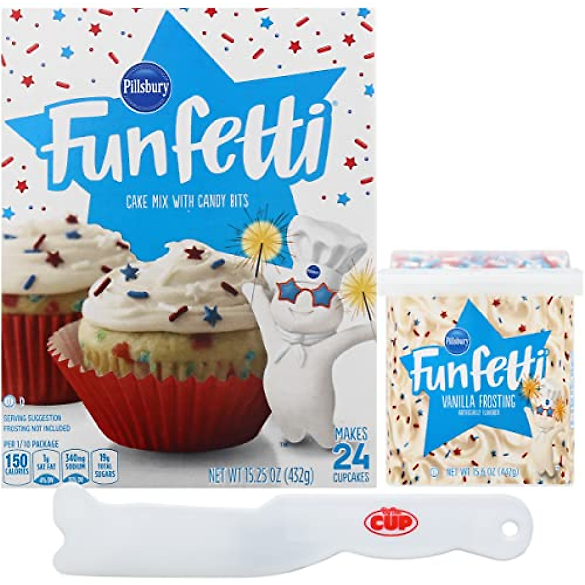 Pillsbury Funfetti 4th of July Bundle, 1 of each: Stars & Stripes Cake Mix and Vanilla Frosting with Candy Bits with By The Cup Frosting Spreader
