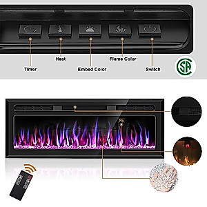 Hocookeper 37 inch Electric Fireplace, Wall Mounted and Recessed Fireplace Linear Fireplace Insert with Remote Control, Adjustable Flame Colors, Timer,750w/1500w, Black