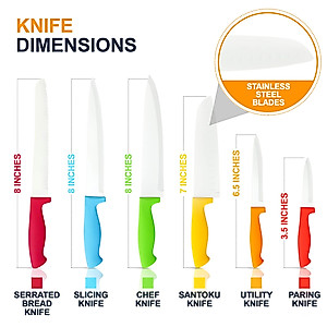 12 Pcs Steel Rainbow Kitchen Knife Set - Dishwasher Safe Knives with Sheath Covers - Sharp Multicolored Colorful Set For The Kitchen With Bread, Slicer, Santoku, Utility, Paring Knives