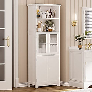 ADORNEVE 64" Bathroom Storage Cabinet, Linen Cabinet with 2 Doors, Tall Storage Cabinet with 2 Open Compartments & Adjustable Shelves for Bathroom, Living Room, Office, White