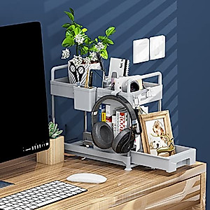 SOLEJAZZ 2-Tier Under Sink Organizer, Sliding Under Bathroom Cabinet Storage Drawer Organizer with Hooks, Hanging Cup, Dividers, Handles, Multi-purpose Under Sink Shelf Organizer, Gray, 2 Pack