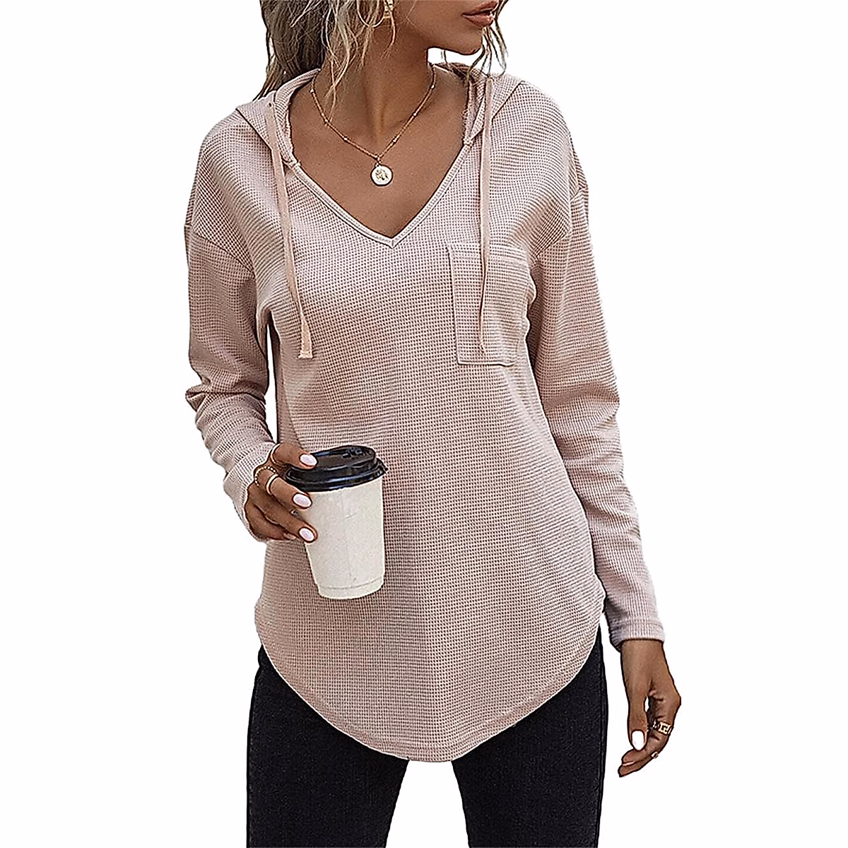 morhuduck Women's V Neck Hoodies Long Sleeve Sweatshirt Drawstring Pullover Tops with Pocket (Apricot M)