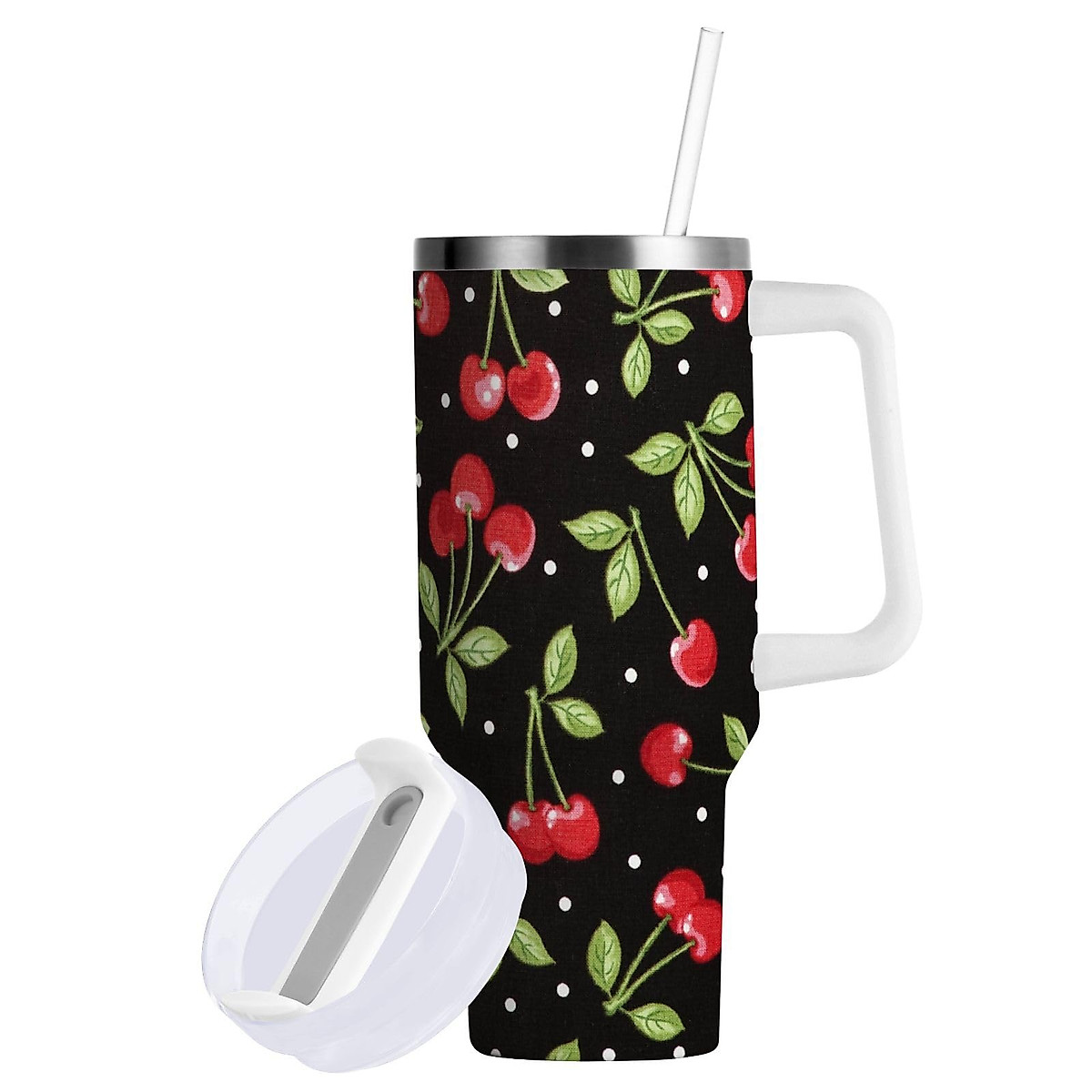 Emelivor Black Cherry 40 oz Tumbler with Lid and Straw Insulated Tumblers with Handle Thermal Stainless Travel Coffee Mug Cup Water Bottle for Women Men Sports Gym