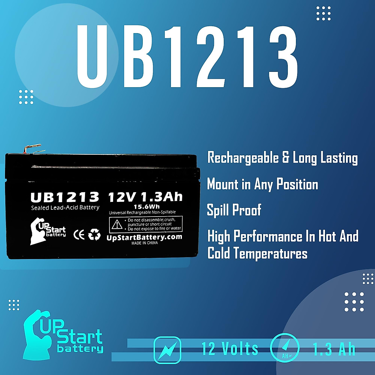 Replacement for Werker WKA12-1.3F Battery - Replacement UB1213 Universal Sealed Lead Acid Battery (12V, 1.3Ah, 1300mAh, F1 Terminal, AGM, SLA) - Includes Two F1 to F2 Terminal Adapters