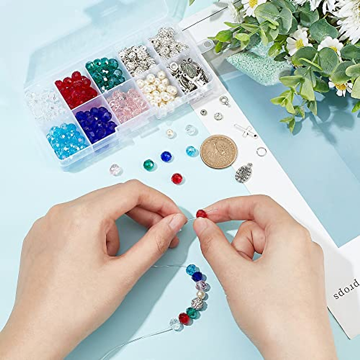 arricraft 376 Pcs Bracelet Making Kit, Assorted Mixed Color Glass Beads Findings Glass Pearl Beads, Cross Alloy Pendants & Hangers for Craft Jewelry Stretch Bracelet
