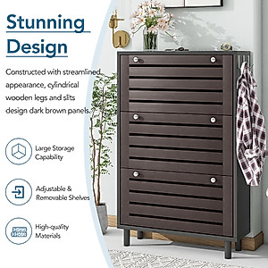 Narrow Shoe Cabinet with 3 Flip Drawers for 24 Pairs Shoes, Natural Wood Top Entryway Organizer with 3 Hooks, Free Standing Shoe Rack with Adjustable Panel for Hallway, 31.5''x9.4''x47.6'',Black&Brown