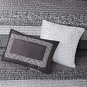 Madison Park Quilt Set Luxurious Jacquard Stripes Design - All Season, Coverlet Bedspread Lightweight Bedding Layer, Shams, Decorative Pillow, Full/Queen(90"x90"), Chevron Grey/Taupe 6 Piece