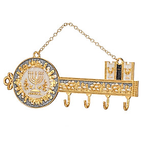 Matashi Hand-Painted Grey and Ivory Enamel Menorah and Jerusalem Cityscape Design Decorative Hanging Wall Hooks for Entryway Hallway Bedroom Kitchen and Home Decor