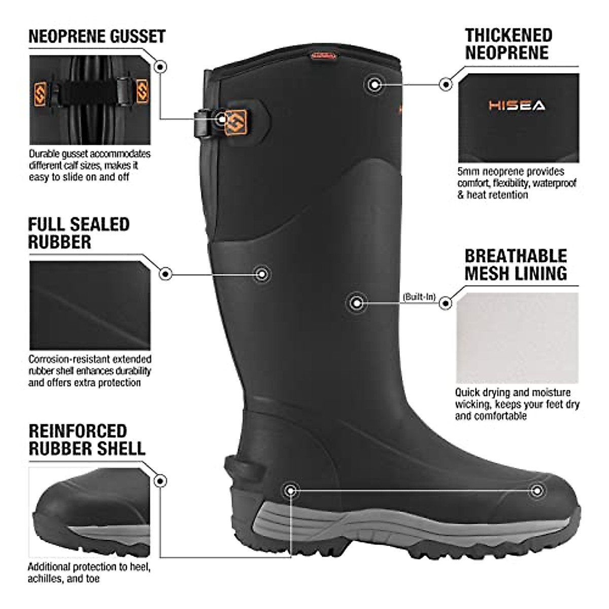 HISEA Rubber Rain Boots for Men, Waterproof Insulated Neoprene Hunting Boots, Durable Anti-Slip Outdoor Mud Boots for Hunting Gardening Farming Fishing Yard Working, Adjustable Calf, Size 6 Black