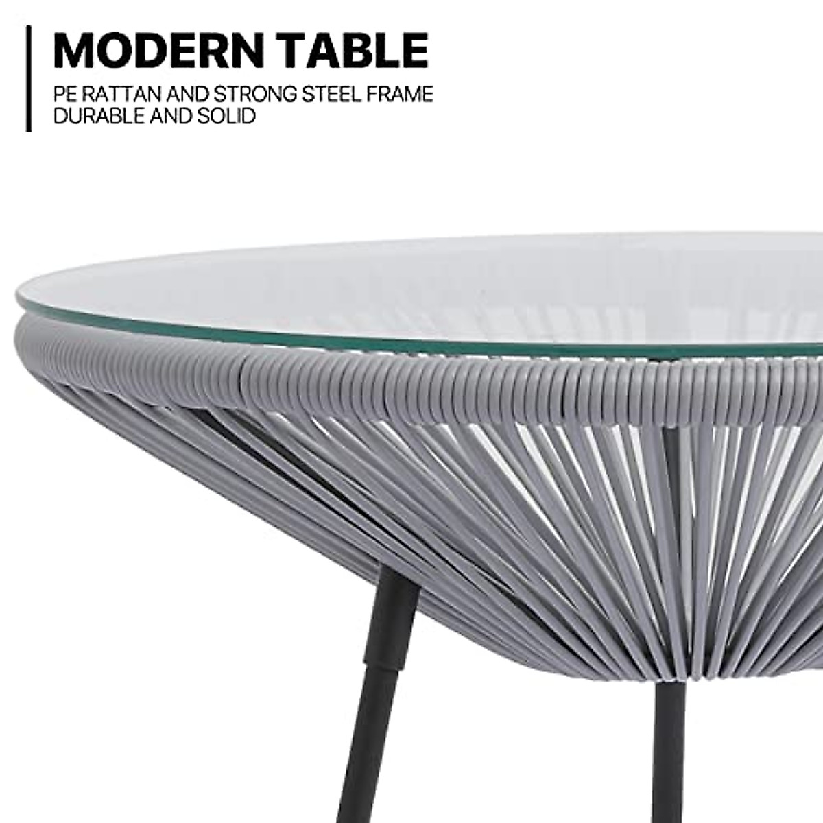 MoNiBloom 3 Piece Outdoor Seating Acapulco Chair, Modern Patio Furniture Outdoor Conversation Set, Glass Top Table and 2 Metal Steel Chairs for Garden Poolside Balcony, Weight Capacity 250 lbs, Grey