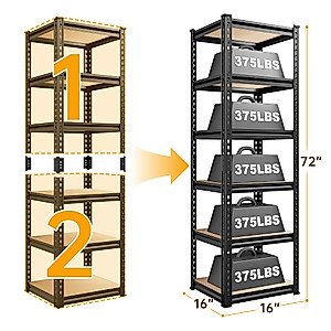 REIBII Storage Shelves, 6 Tier Garage Storage Shelving Units Loads 2250LBS, 72’’H Adjustable Heavy Duty Metal Shelves for Storage Rack for Warehouse Pantry Kitchen Closet,16’’W X16’’D X72’’H