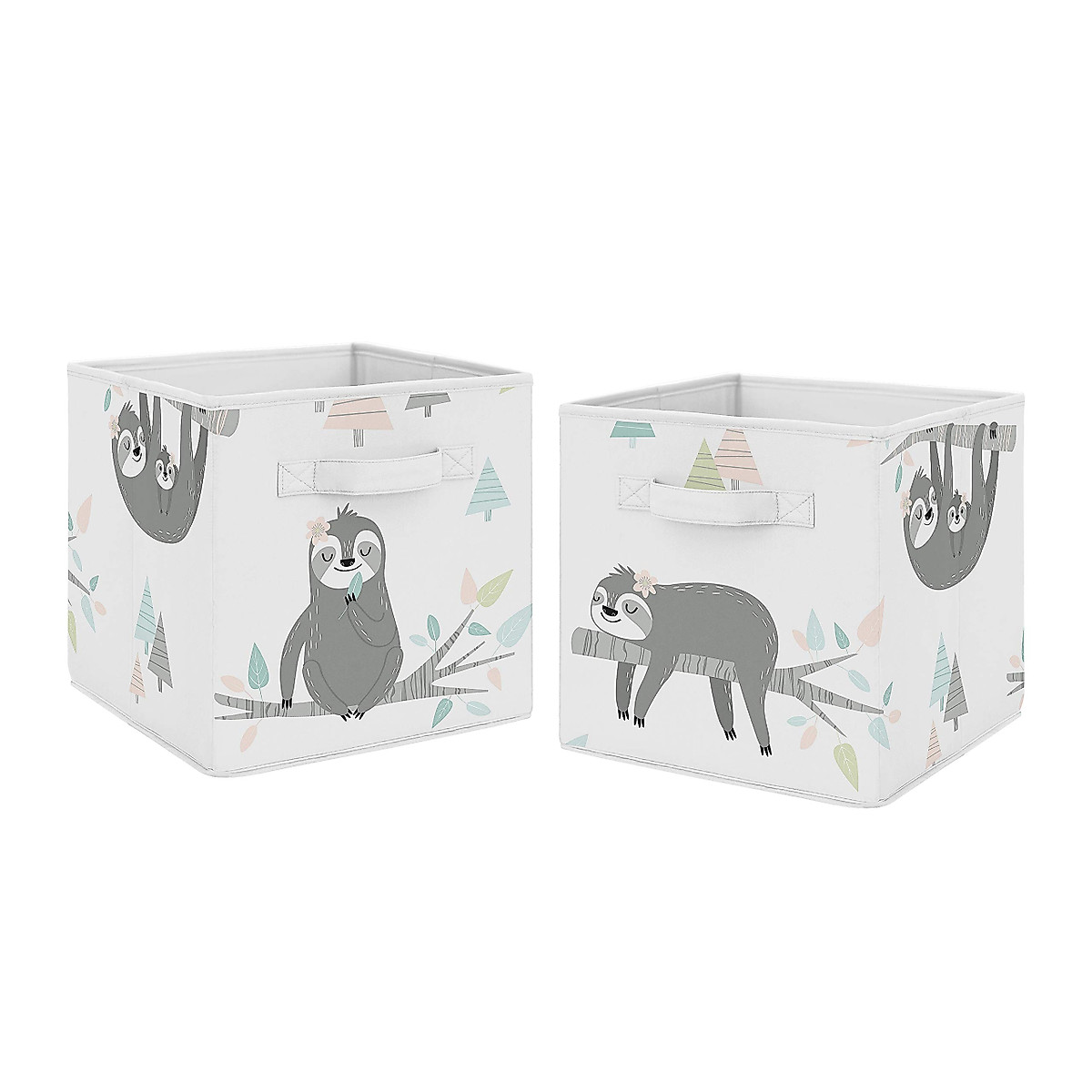 Sweet Jojo Designs Pink and Grey Jungle Sloth Leaf Foldable Fabric Storage Cube Bins Boxes Organizer Toys Kids Baby Childrens - Set of 2 - Blush, Turquoise, Gray, Green Tropical Botanical Rainforest
