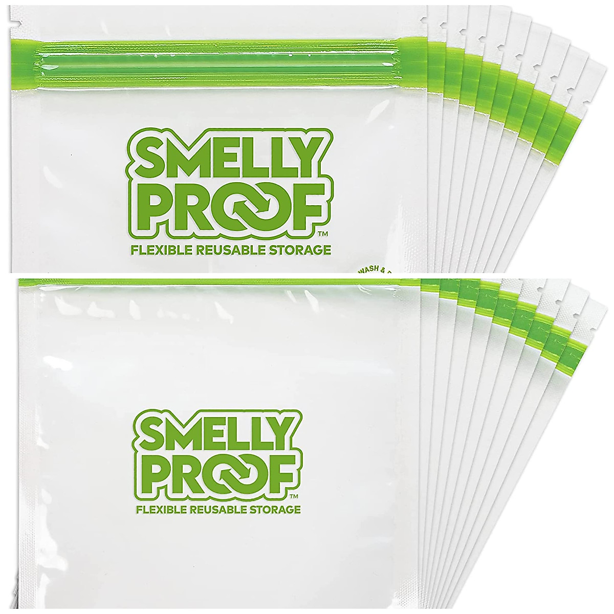 REUSABLE STORAGE BAGS BUNDLE by Smelly Proof - USA Made Easy Clean, Dishwasher-Safe, 3-mils Thick, PEVA & BPA FREE, CLEAR FLAT 20-Pack (10 MEDIUM 6.5" x 7.5", 10 EXTRA SMALL 4" x 3")