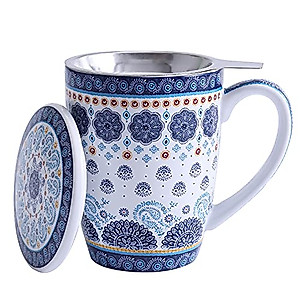 Bico Blue Talavera 12oz Porcelain Tea Mug with Infuser and Lid, Microwave & Dishwasher Safe