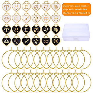 KMOSPAD 24pcs Heart 12 Constellations Charms Zodiac Sign Enamel Pendants and 24pcs 25 mm Golden Wine Glass Rings Markers with A Box for Tasting Party Decoration Supplies Gifts