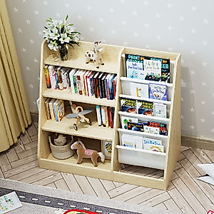 HedoAjim 4 Tier Kids Wooden Bookshelf,Five Layer Sling Children Bookcase,Baby Storage Book Rack,Book and Toy Organizer Cabinet Chest,Book Display Shelf,Playroom Nursery Classroom Library