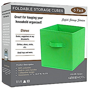 Greenco Foldable Storage Cubes, 6 pcs (Green) | Closet Organizer Storage Basket/Box/Bin/Shelf | Cube Storage Organizer | Collapsible Storage Bins Boxes | Non-woven Cloth Fabric Bin Drawers/Baskets
