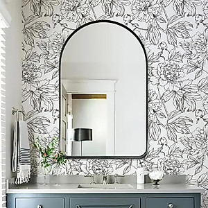 Simon&Siff Floral Linear Wallpaper Black White Peel and Stick Wallpaper Sketch Flowers 17.3 x 118 Removable Floral Wall Paper Durable Waterproof for Bedroom Bathroom Walls Cabinets Shelves