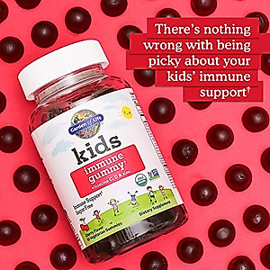 Garden of Life Kids Immune Support Gummies with Vitamin C, D as D3 & Zinc for 3-in-1 Daily Children’s Immunity – Organic, Non-GMO, Gluten-Free, Vegetarian, Sugar Free, Cherry Flavor, 30 Day Supply