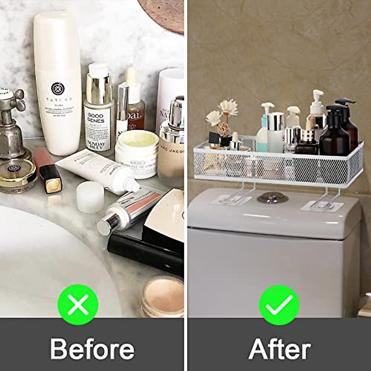 BSTKEY Metal Mesh Bathroom Over The Toilet Storage Shelf, Bathroom Storage Rack Toilet Tank Shelf Organizer with 2 Adhesive Hooks, Restroom Organizers Toilet Storage No Drilling Space Saver, White