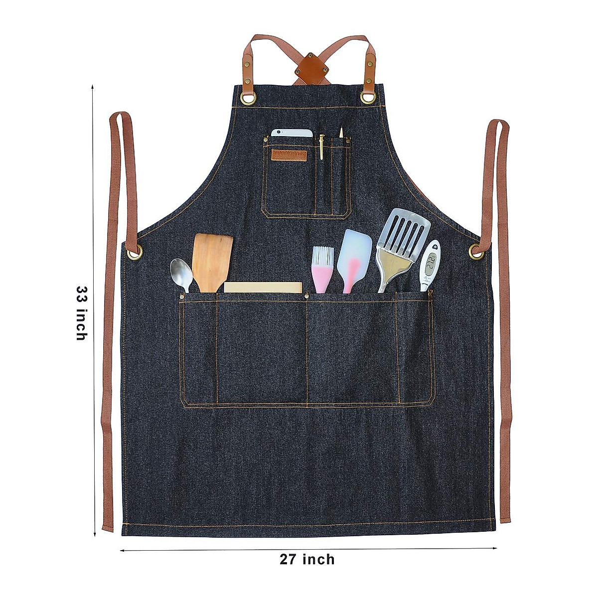DingSay Trendy Professional Black Denim Apron with Pockets for Chef Cooking Kitchen Grill BBQ Hairstylist Painting, Mens Womens Apron with Leather Cross Back Straps