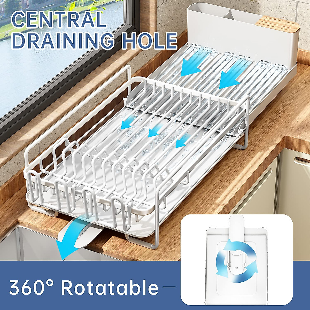 PXRACK Dish Drying Rack, Expandable(19.1"-26.9") Large Capacity Dish Rack and Drainboard Set, Stainless Steel Dish Drainers with Utensil Holder for Kitchen Counter, White