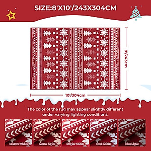 Auemtyn Area Rug, 8x10 Christmas Rug for Living Room, Christmas Area Rug with Non-Slip Backing, Stain Resistant Snowflake Rug for Bedroom,Ultra-Thin Washable Rug for Christmas Decor(8'x10', Red)
