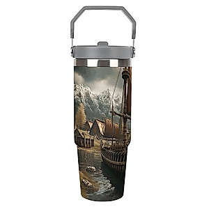 Old Viking Boat 30oz Stainless Steel Insulated Tumbler with Straw & Foldable Handle - Leakproof, Double-Wall Vacuum Travel Thermos for Hot/Cold Drinks, Non-Slip Base, Fit Cup Holders