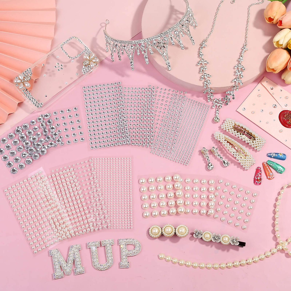 2032 Pieces Self Adhesive Hair Gems and Hair Pearls, Face Pearls and Jewels Stickers for Makeup, Crafts, Home Decor Scrapbooking Embellishments, 7 Sizes 3mm/4mm/5mm/6mm/8mm/10mm/12mm