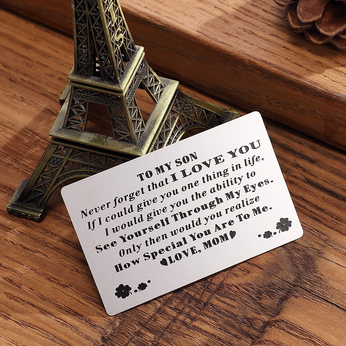 FeiYen Personalized Engraved Message Wallet Card Inserts Customized for Son from Mom Mother - I Love You - Graduation Birthday Christmas Deployment - Best Custom Metal Cards for Him