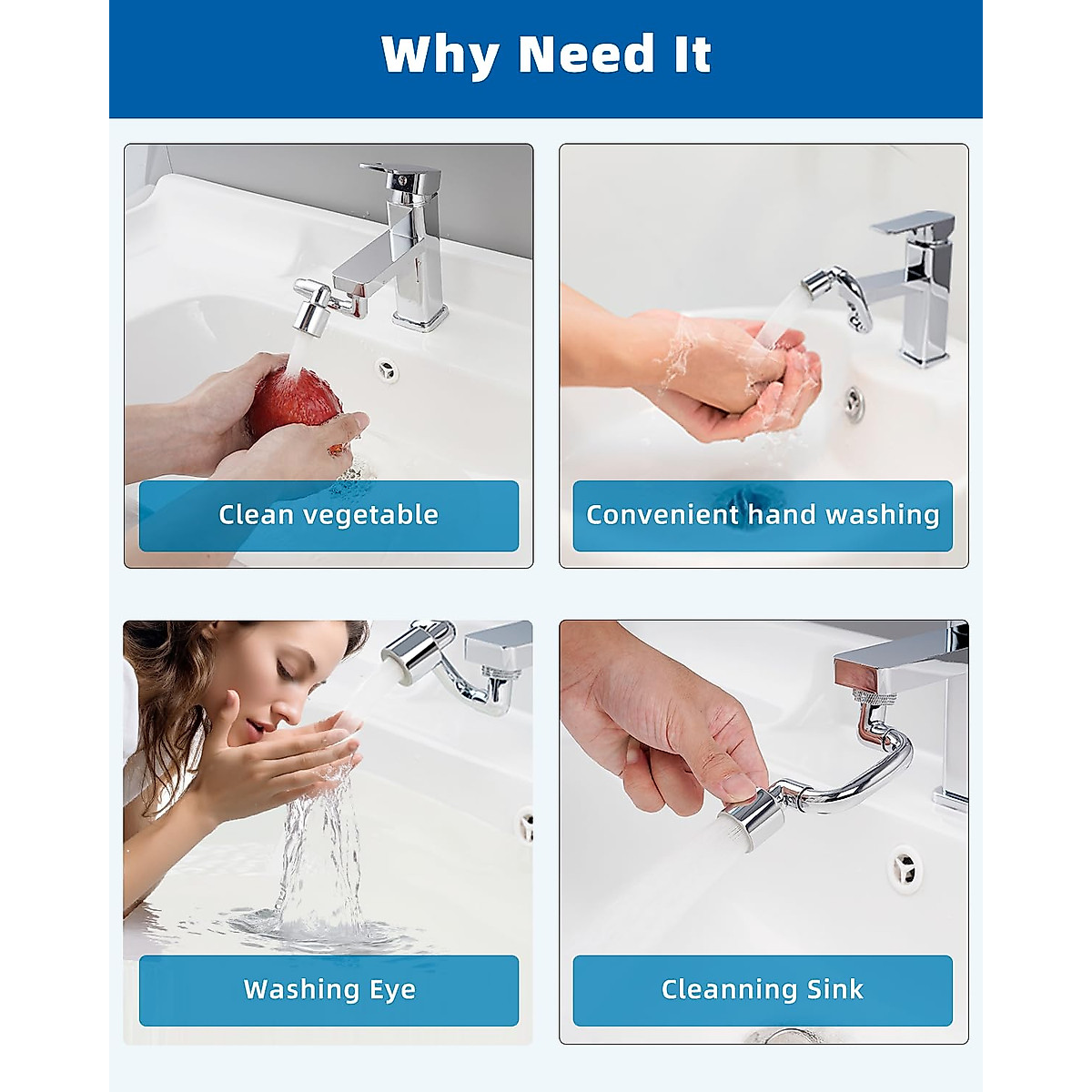 Hibbent 1080° Swivel Faucet Extender, Metal Rotatable Sink Faucet Aerator with Brass Extension, Dual Function 2 Modes Kitchen & Bathroom Sink Sprayer, Faucet Attachment for Gargle/Eye/Face Washing