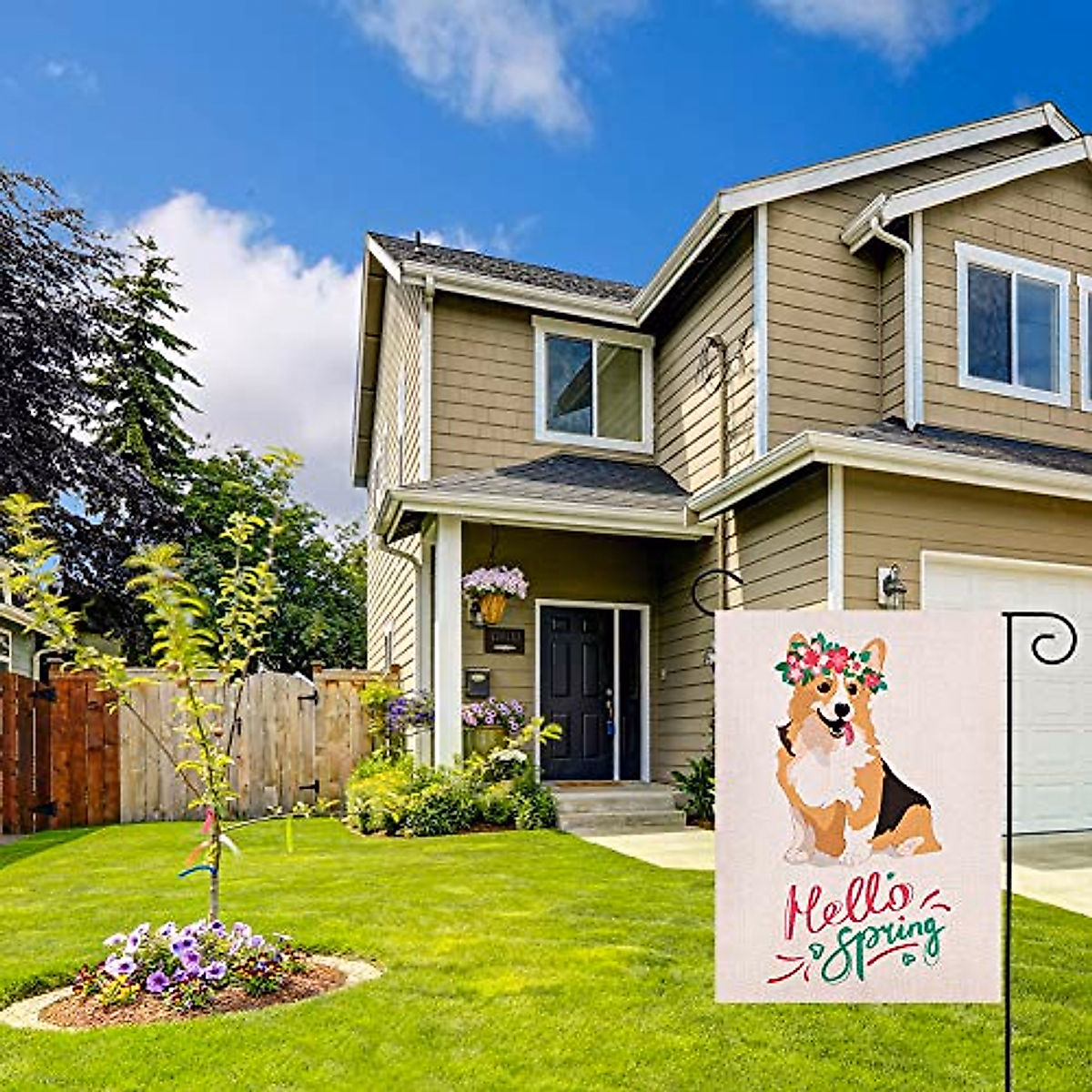 Spring Corgi with Flower Garden Flag Vertical Double Sided 12.5x18 Inch Burlap Rustic Farmhouse Yard Outdoor Flag Décor