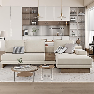 P PURLOVE L-Shaped Sectional Sofa with 2 USB Ports and 2 Power Sockets, Corduroy Couch with a Storage Drawer and a Reversible Chaise Lounge for Living Room (Beige)