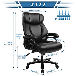 Big and Tall 400lb Bonded Leather Office Chair - Adjustable Lumbar Support and Rocking Function, Heavy Duty Metal Base High Back Large Ergonomic Executive Desk Computer Chair, Black