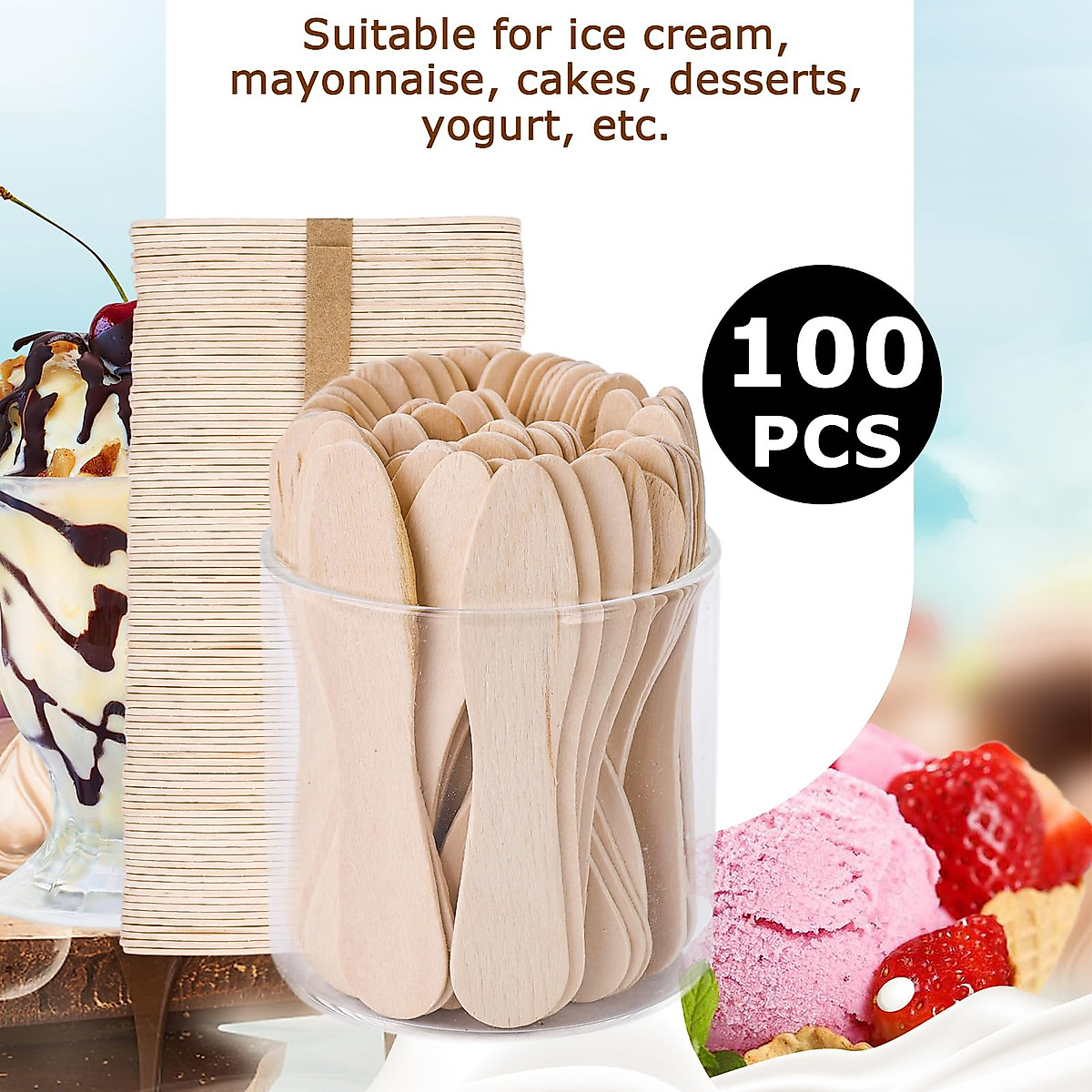 HANSGO 100PCS Wooden Ice Cream Spoons, Mini Tasting Spoons Wooden Small Dessert Spoons Sample Spoons for Crafts Tasting Sampling