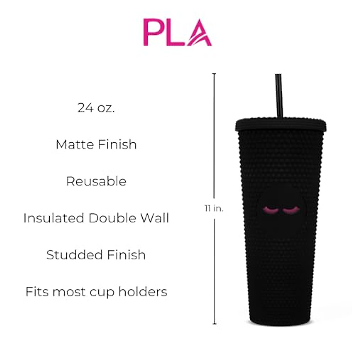 PLA Beauty Studded Tumblers | Insulated Double Wall | With Screw on Lid and Straw | Cold Beverage | Hand Wash | 24 oz (Black Lash)