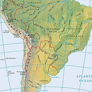 South America Political & Physical Continent Map - 17" x 10.75" Paper