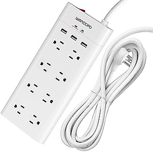 WANDOFO 12 FT Surge Protector Power Strip, 8 Outlet 1050J 12 Foot Long Extension Cord, 15A/1800W, 15A Breaker, 5V 3.1A Smart USB Port, Low Profile Flat Plug, Wall Mountable, White